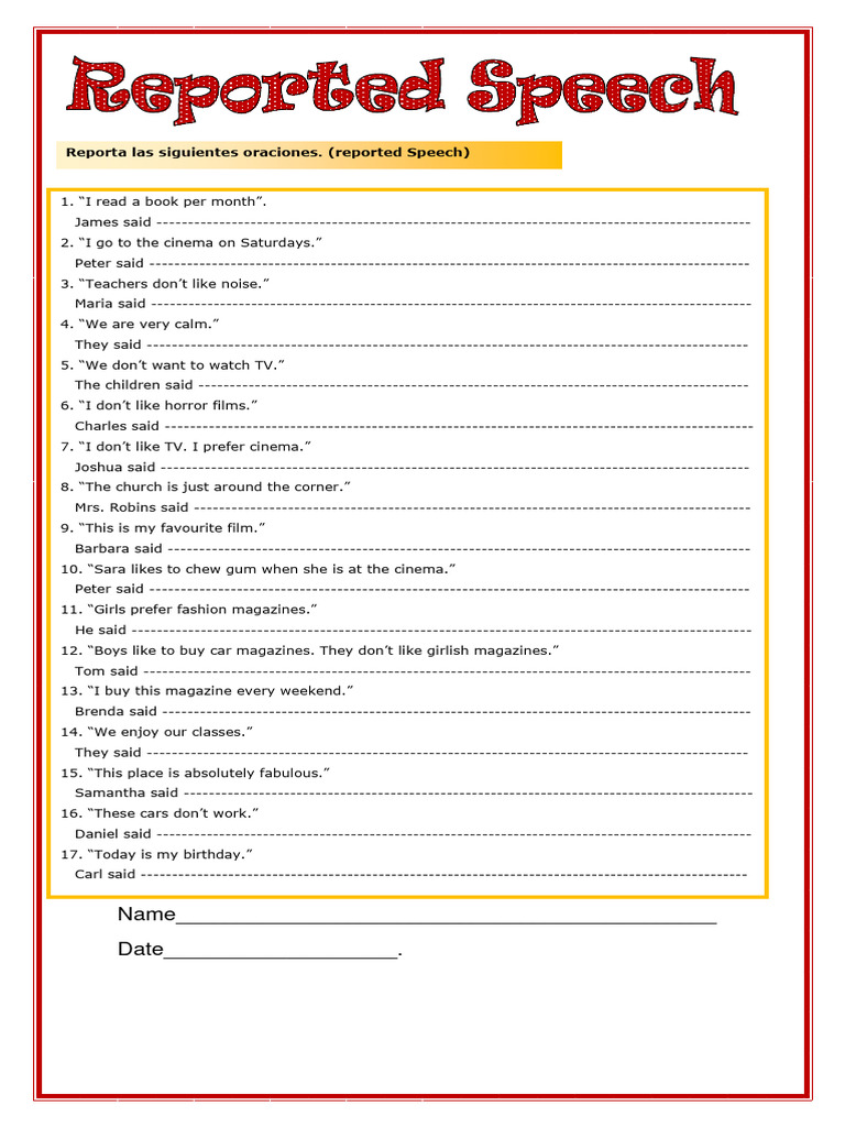 Reported Speech Worksheet 6th Graders | PDF