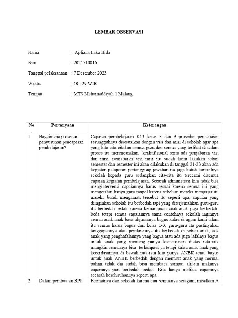 Lembar Observasi Apli | PDF