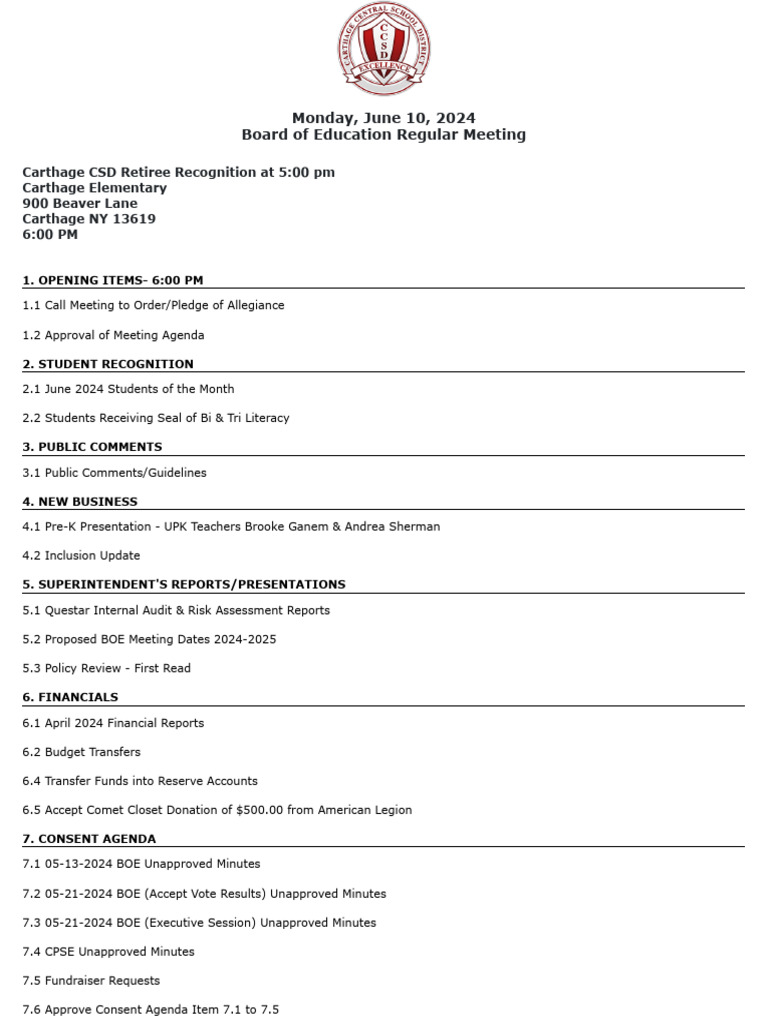 06-10-2024 Carthage CSD BOE Agenda | PDF