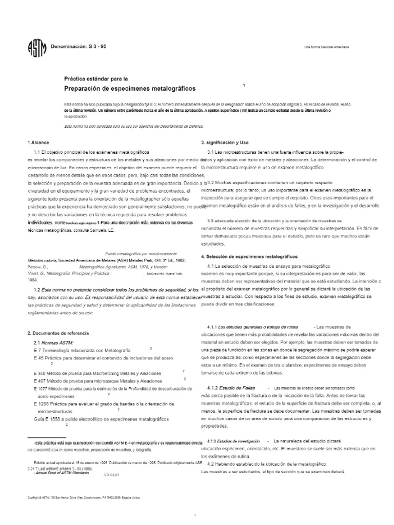 ASTM E3-95 Preparation of Metallographic Specimens - En.es | PDF