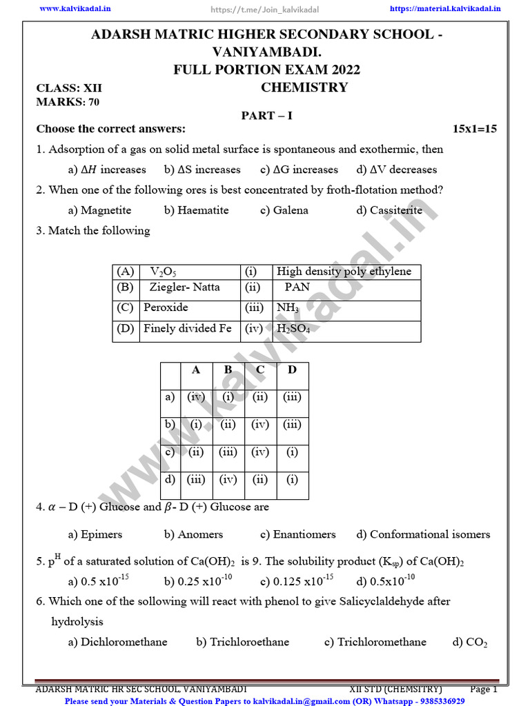 XII Topper Chemistry QP | PDF | Chemical Reactions | Acid