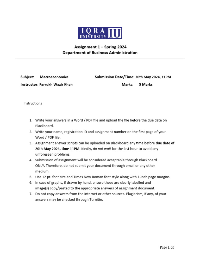 Macroeconomics Assignment 1 - FarrukhWazirKhan - Spring24 | PDF | Gross Domestic Product ...