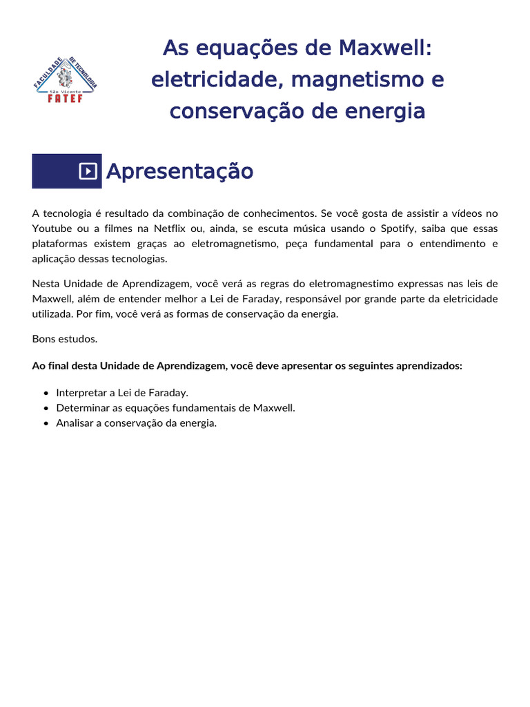 Ead - As Equações de Maxwell - Eletricidade, Magnetismo e Conservação ...