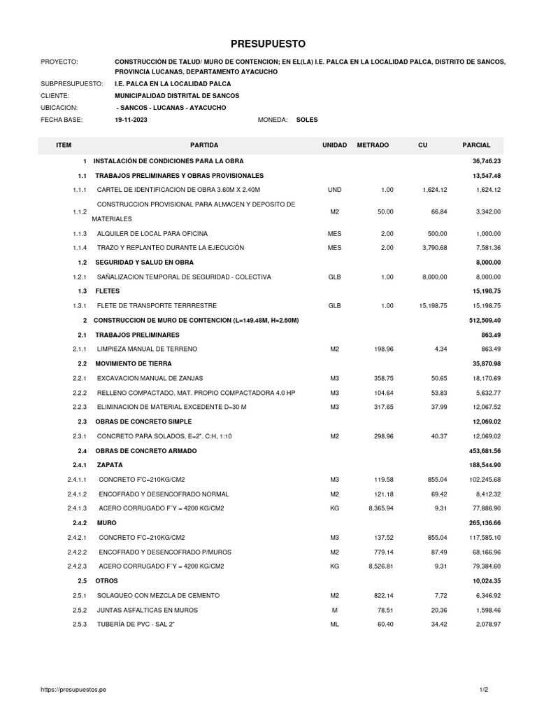 Presupuesto | PDF | Ingeniero civil | Materiales