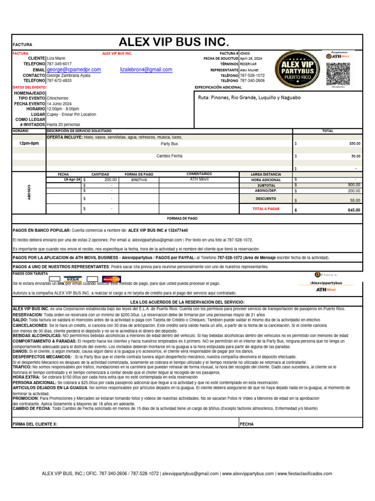 14 Junio 24 Chinchorreo Cupey 20pers 12pm ALEX VIP PARTY BUS | PDF ...