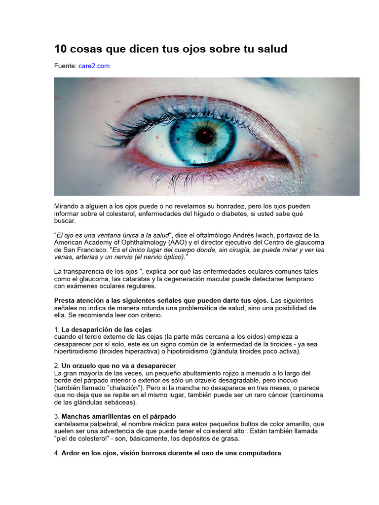 10 Cosas Que Dicen Tus Ojos Sobre Tu Salud | Descargar gratis PDF | Ojo | Percepción visual