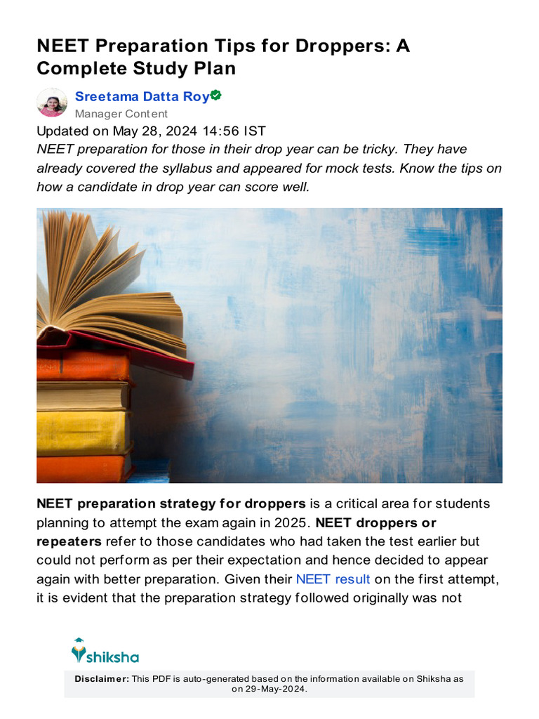 NEET Preparation Tips For Droppers: A Complete Study Plan: Sreetama Datta Roy | PDF