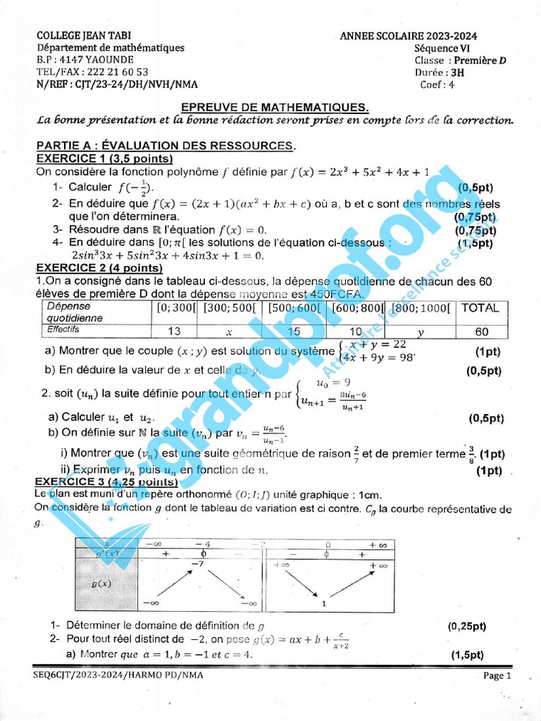Maths 1ered Probatoire Blanc College Jean Tabi Mai 2024 | PDF