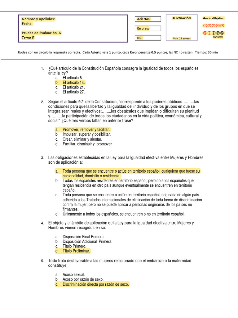 Preguntas Examen 5 - CORREGIDO | Descargar gratis PDF | Igualdad de género | Estudios de género