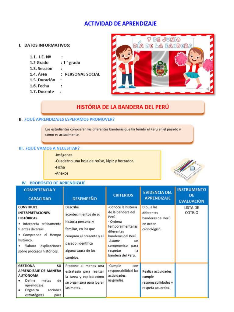d1 A2 Sesion Ps. História de La Bandera Del Perú | PDF | Evaluación | Perú