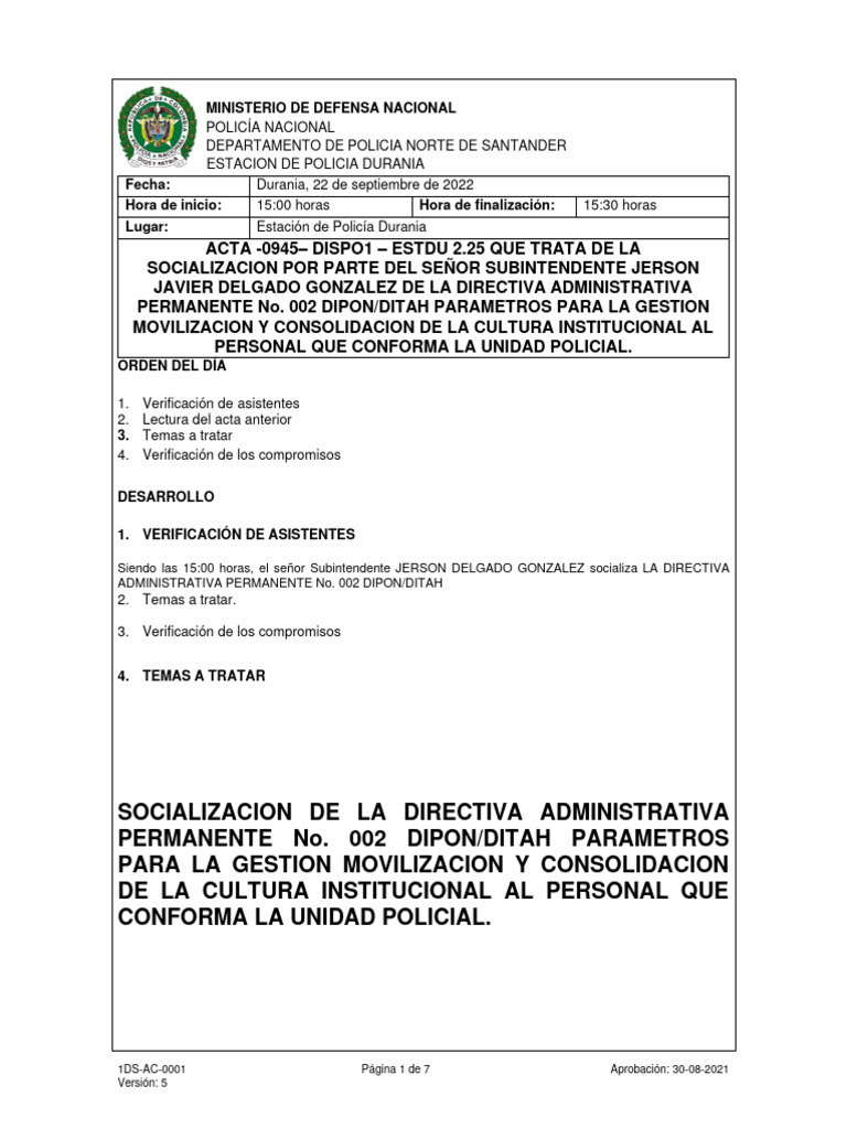 ACTA No. 0945 SOCIALIZACION DIRECTIVA ADMINISTRATIVA PERMANENTE No. 002 DIPON-DITAH | PDF ...