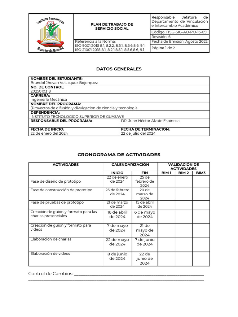 Itsg-Sig-Ao-Po-16-09 - Plan de Trabajo de Servicio Social | Descargar ...