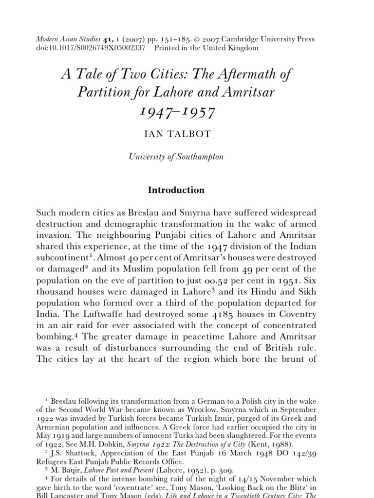 Lahore and Amritsar: Partition Aftermath | PDF | Partition Of India ...
