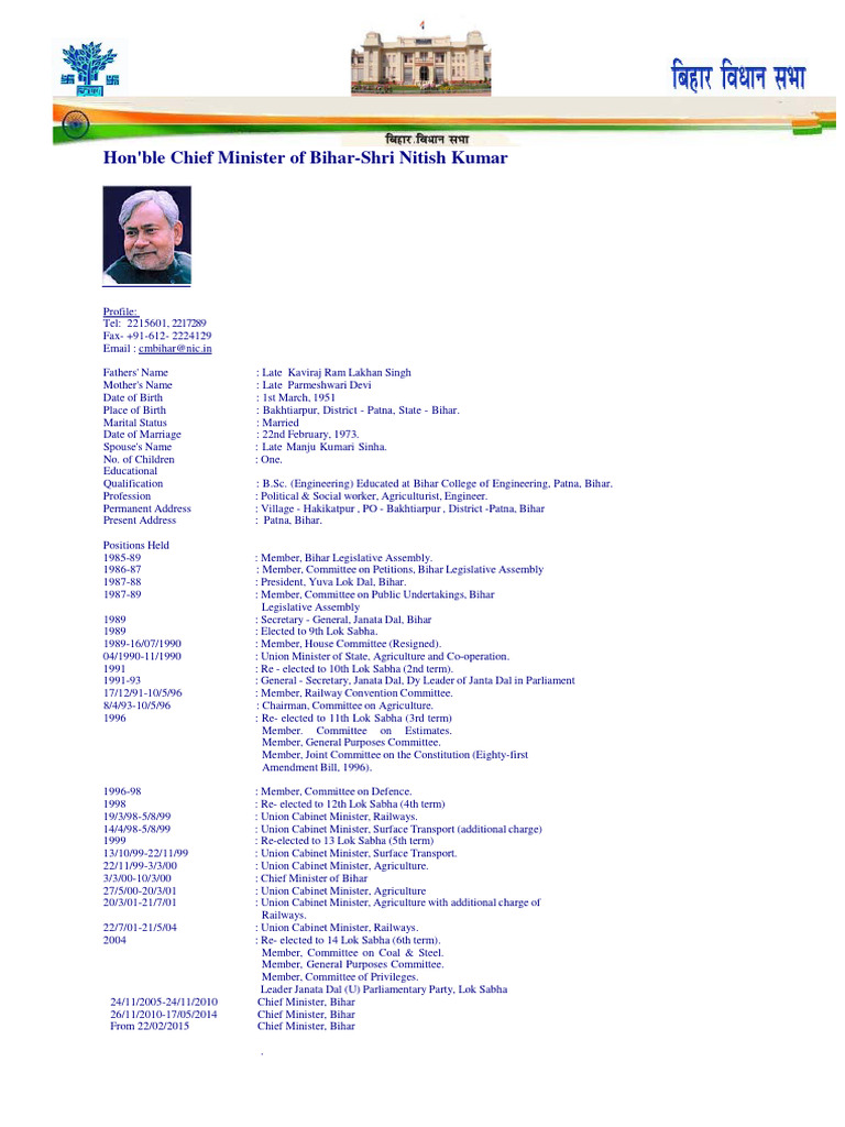 Chief Minister of Bihar Profile | PDF | Politics Of India | Government ...
