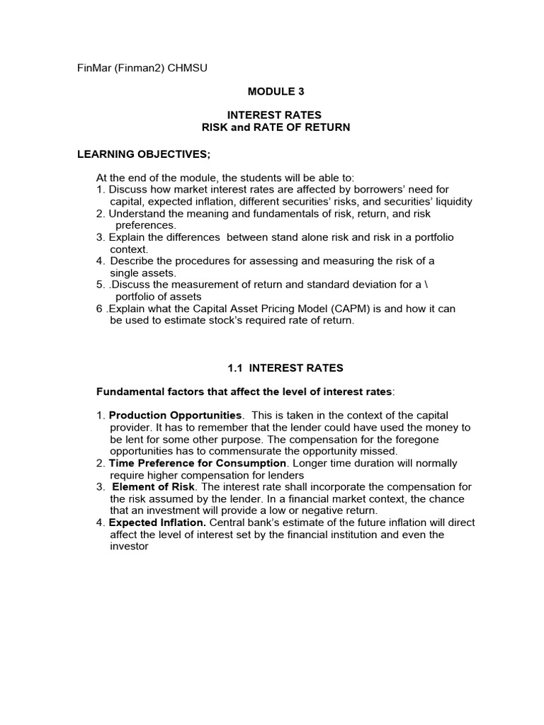 FinMar - Module3. Interest Rate and Risk and Return | PDF | Financial ...