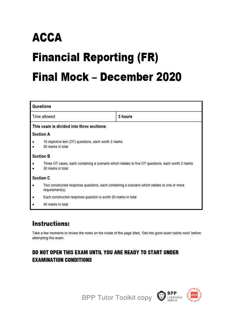 ACCA Financial Reporting Mock Exam 2020 | PDF | Fair Value | Equity ...