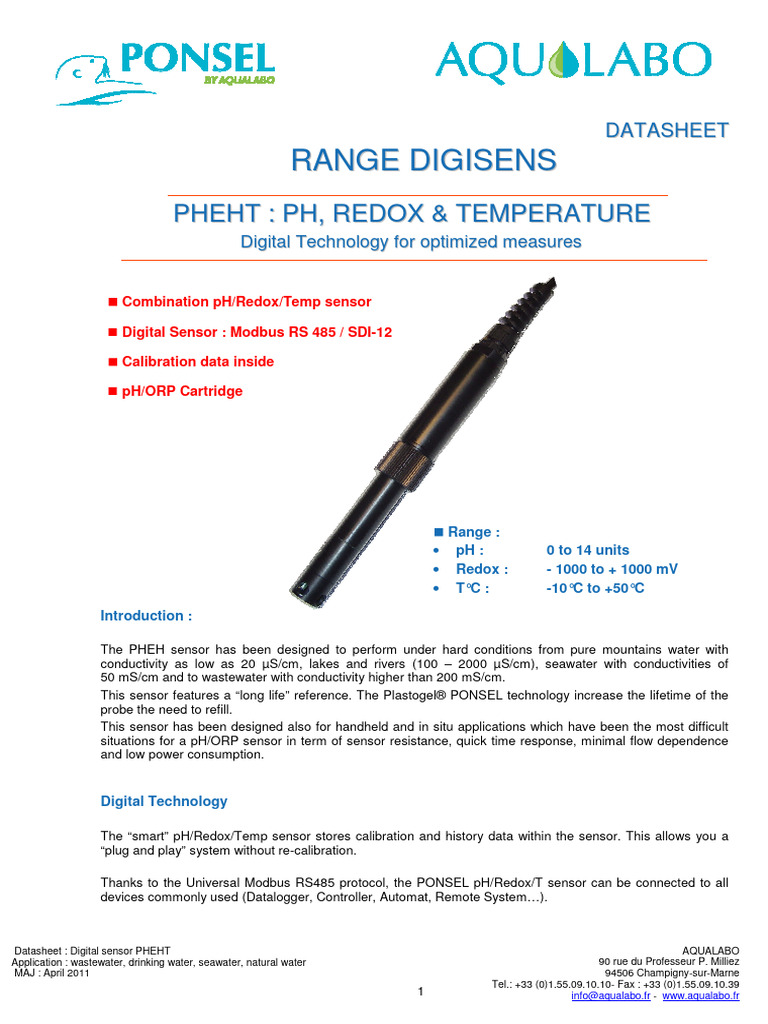Datasheet PH Digital Sensor PHEHT - 2 | PDF | Ph | Sensor