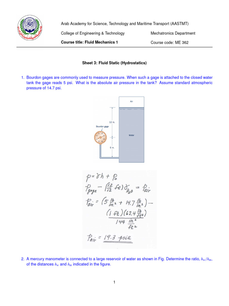 Fluid Mechanics 1 Sheet 3 Hydrostatics A | PDF | Pressure Measurement ...