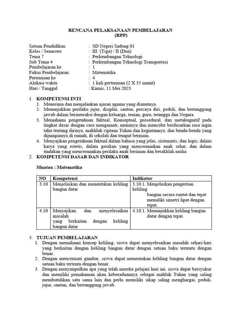 RPP Ke-4 Kelas 3 (Matematika) | PDF