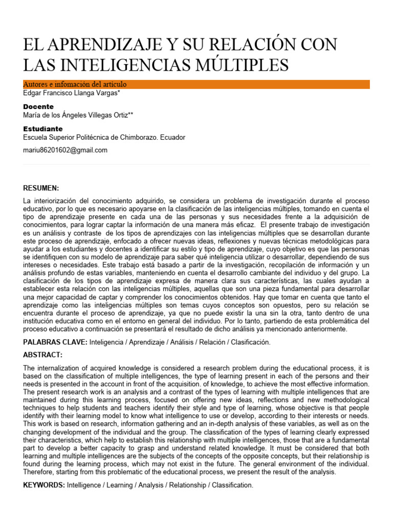 El Aprendizaje y Su Relación Con Las Inteligencias Múltiples | PDF | Aprendizaje | Inteligencia