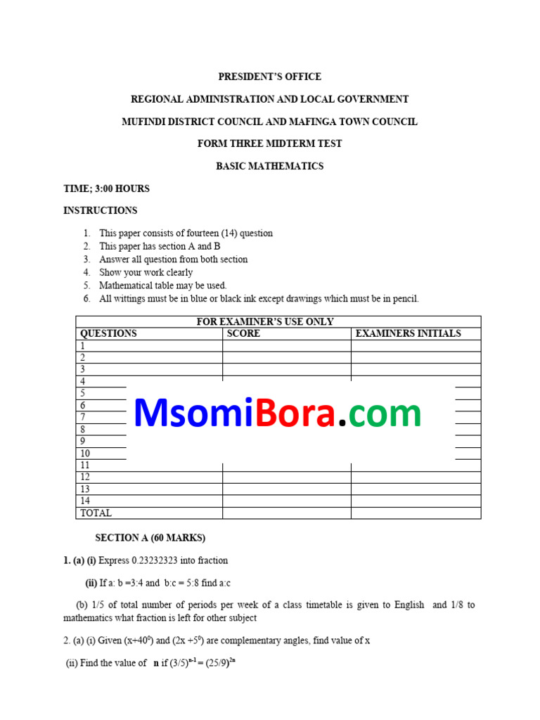 Form Three Midterm Mathematics Test | PDF | Triangle | Geometry