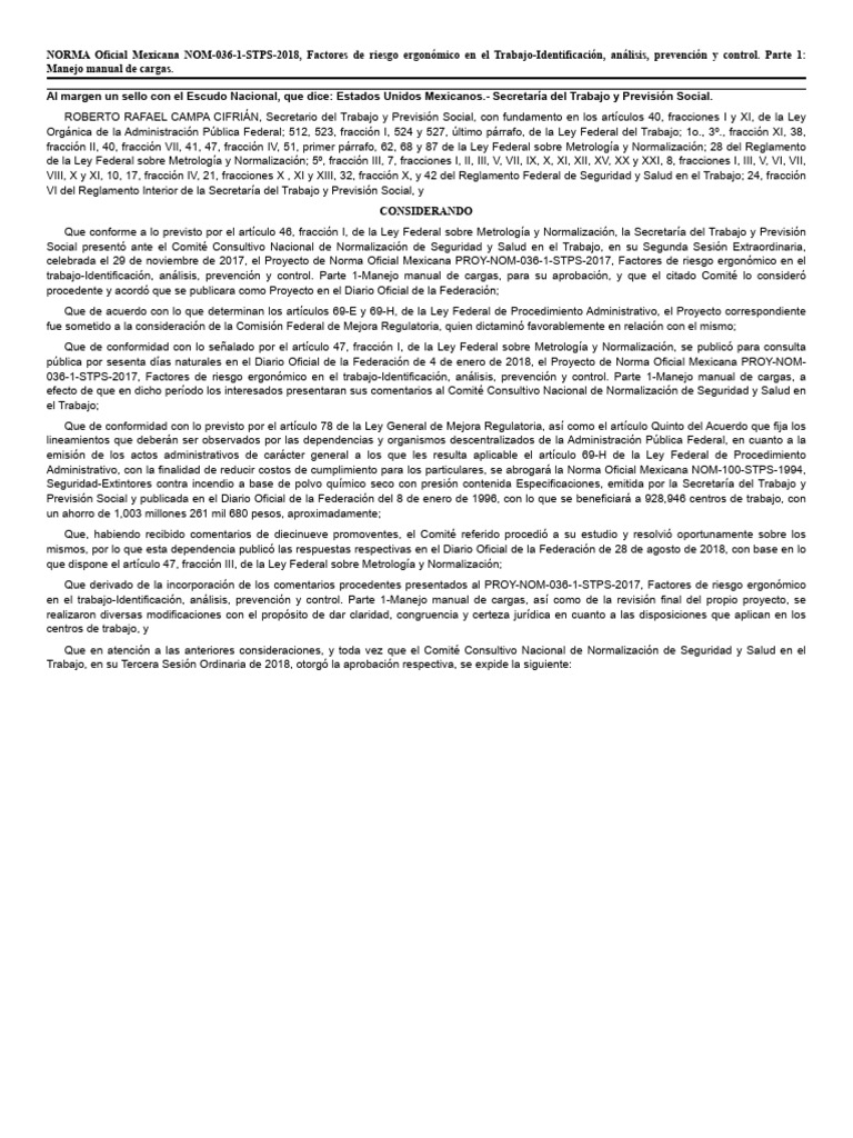 NORMA Oficial Mexicana NOM-036-1-STPS-2018, Factores de Riesgo ...