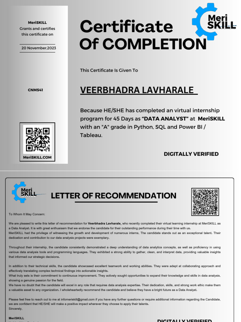 Certificate MeriSkill | Download Free PDF | Data Analysis | Data