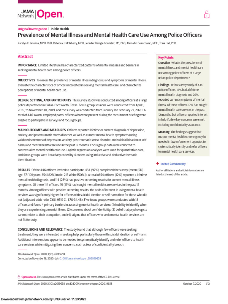 Prevalence of Mental Illness and Mental Health Care Use Among Police ...