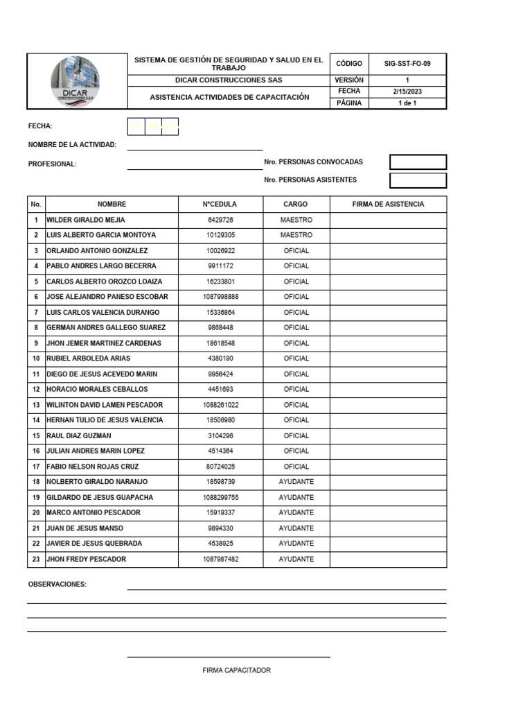 Formato Asistencia Capacitación | PDF