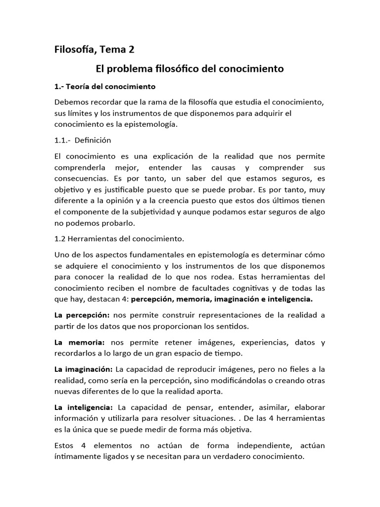 Filosofía. Tema 2. Teoría. | PDF | Conocimiento | Verdad