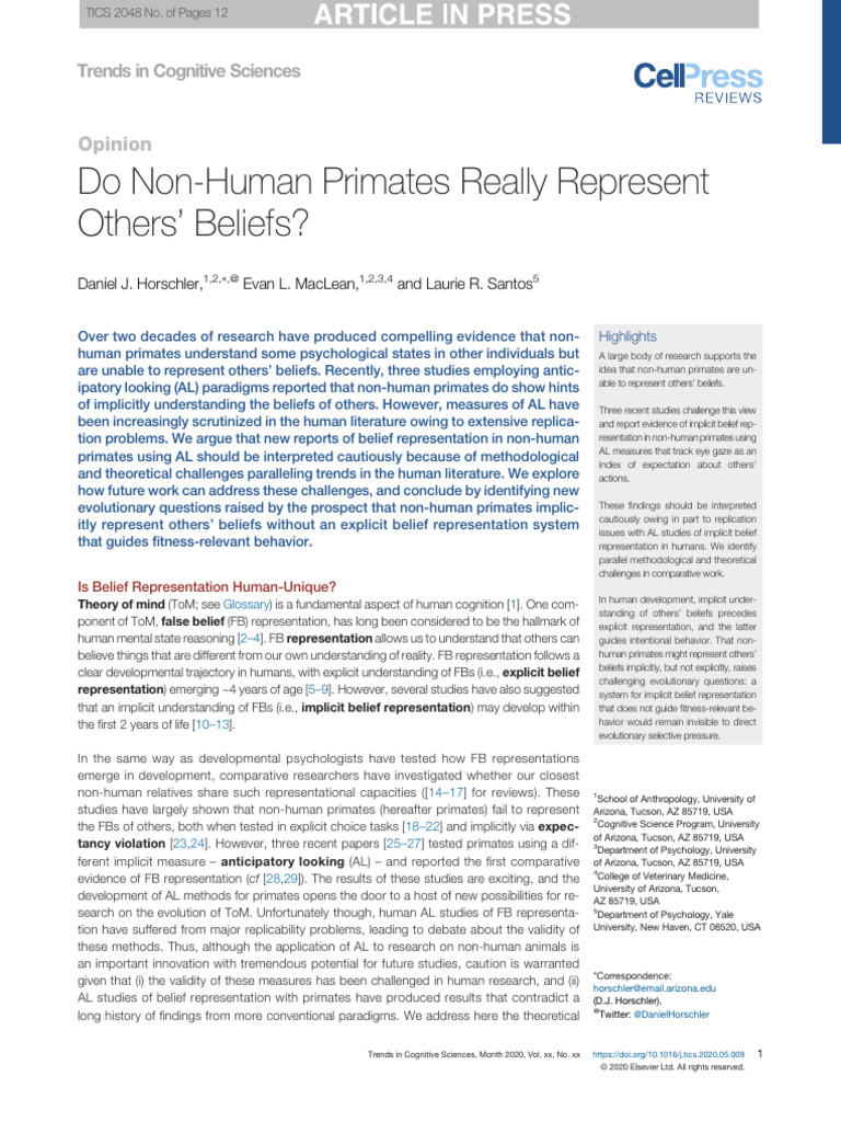 Do Non-Human Primates Really Represent Others' Beliefs? | PDF | Theory ...