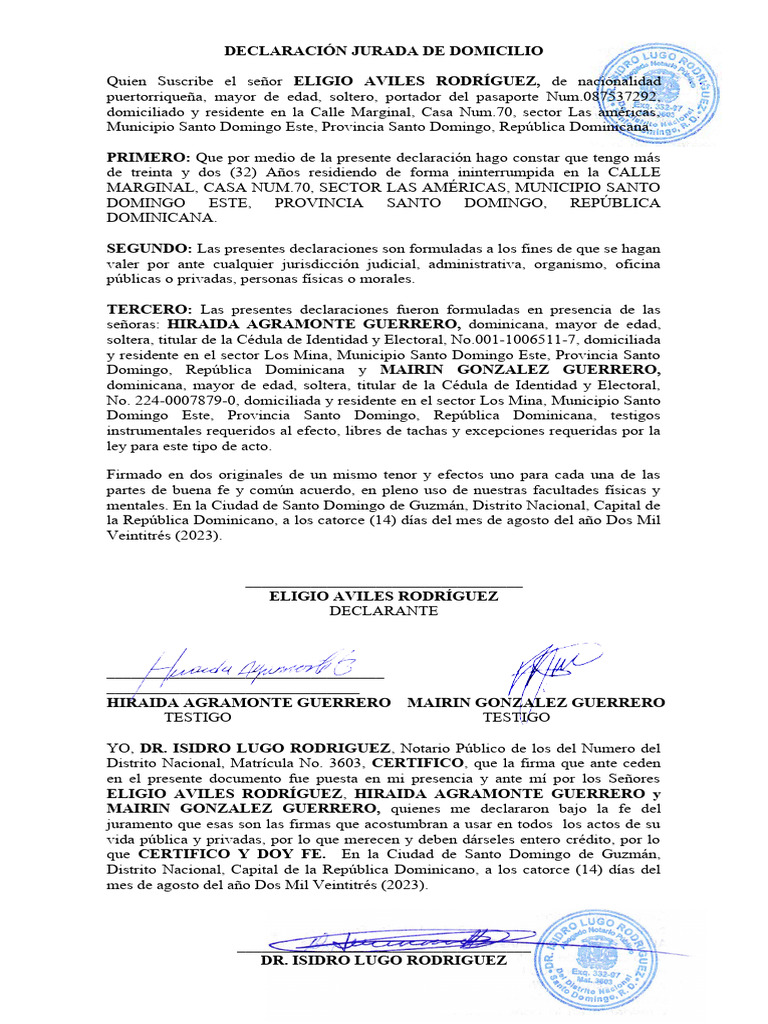 DECLARACIÓN JURADA DE DOMICILIO DE ELIGIO AVILES RODRIGUEZ | Descargar gratis PDF | República ...