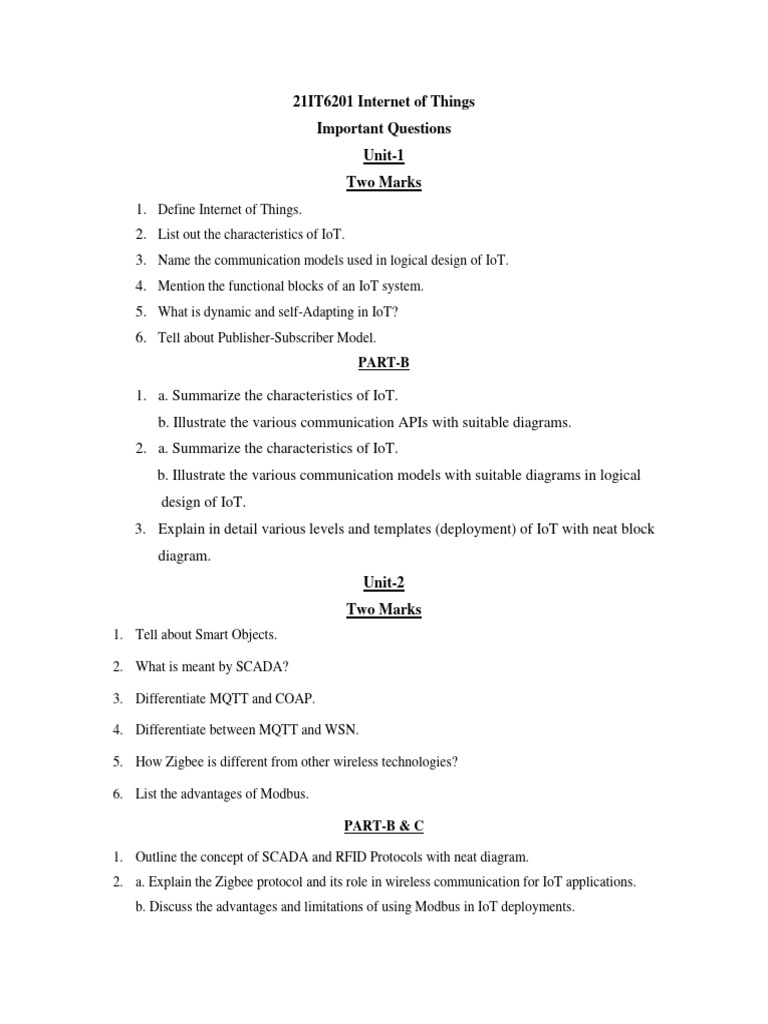 IoT Important Questions | PDF | Internet Of Things | Home Automation