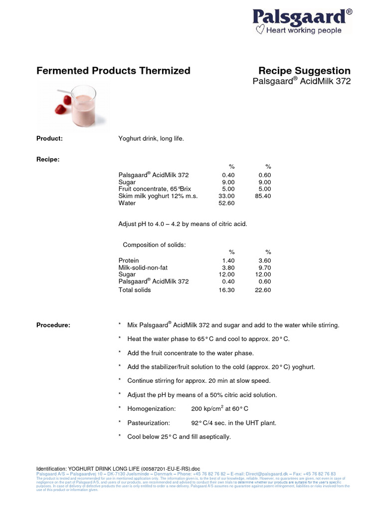 Yoghurt Drink Long Life With Palsgaard® AcidMilk 372 | PDF | Yogurt | Milk