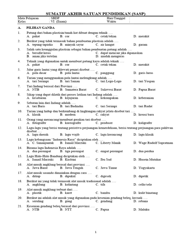 Soal Us SBDP KLS 6 | PDF