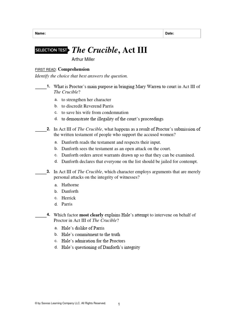 The Crucible Act III: Comprehension and Analysis Test | PDF