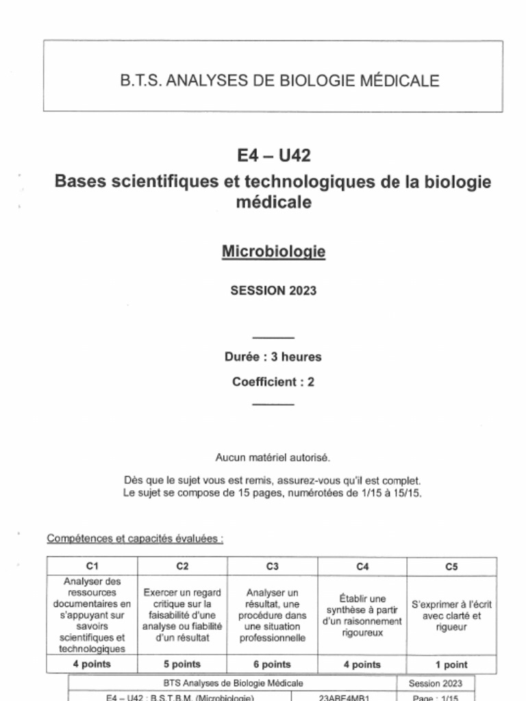 BTS ABM Microbiologie - 2023 | PDF