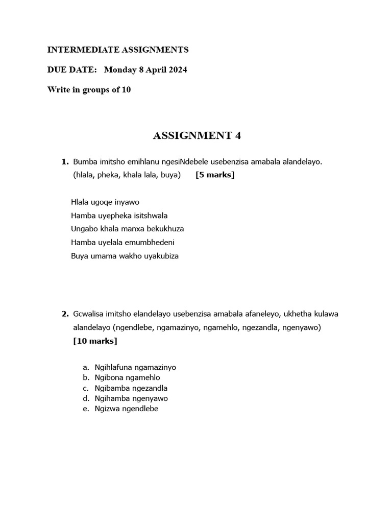 Intermediate Assignments for Ndebele Language | PDF | Language Arts ...