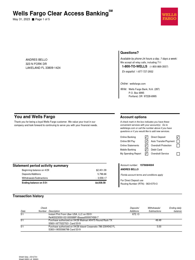 Wells Fargo Clear Access Banking | PDF | Overdraft | Credit Card