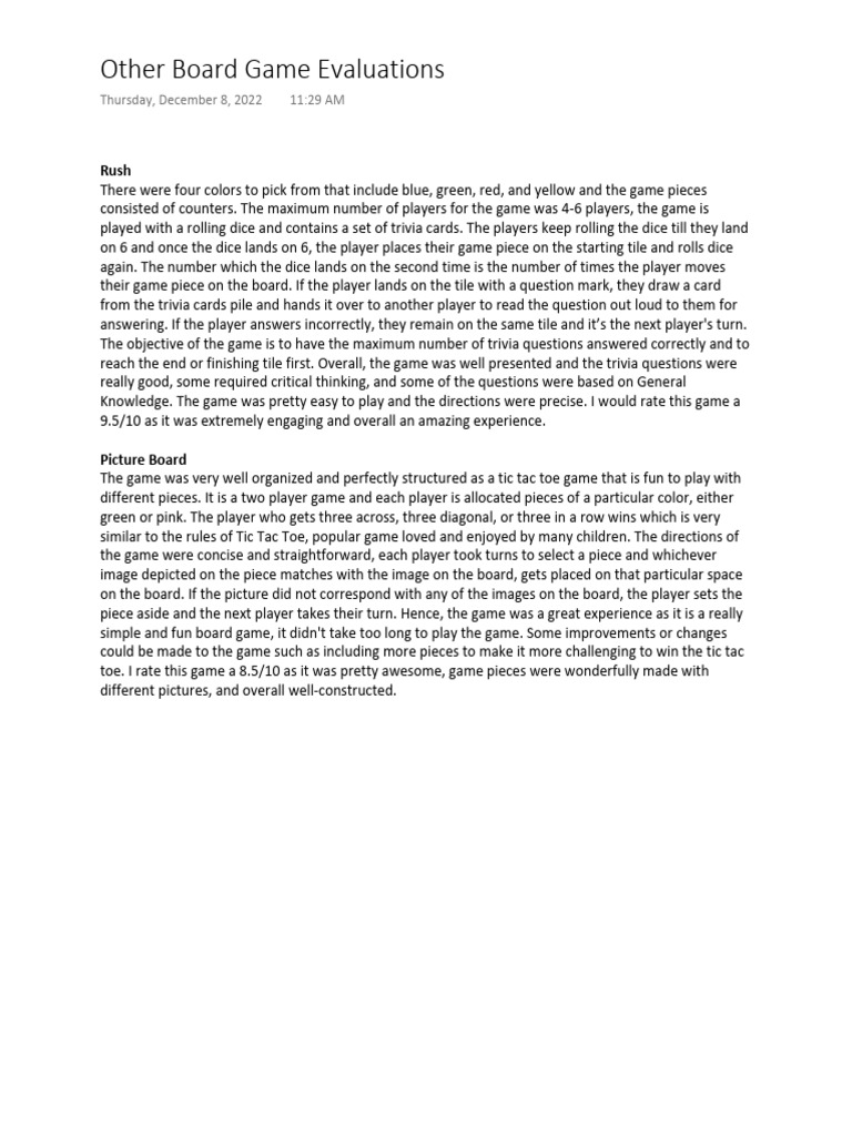 Board Game Evaluation | PDF | Gaming