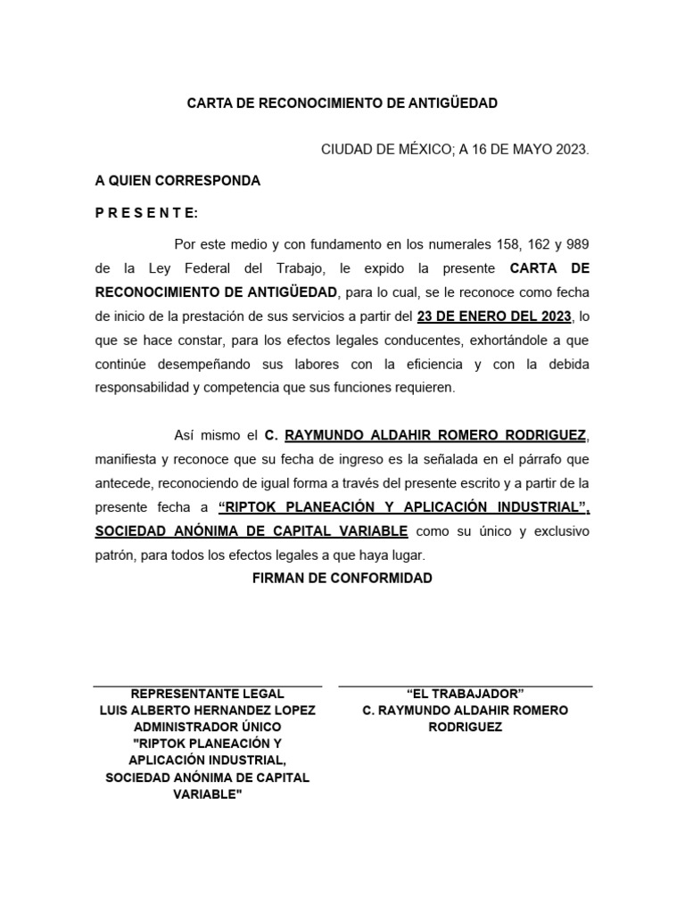 CARTA DE RECONOCIMIENTO DE ANTIGÜEDAD | PDF