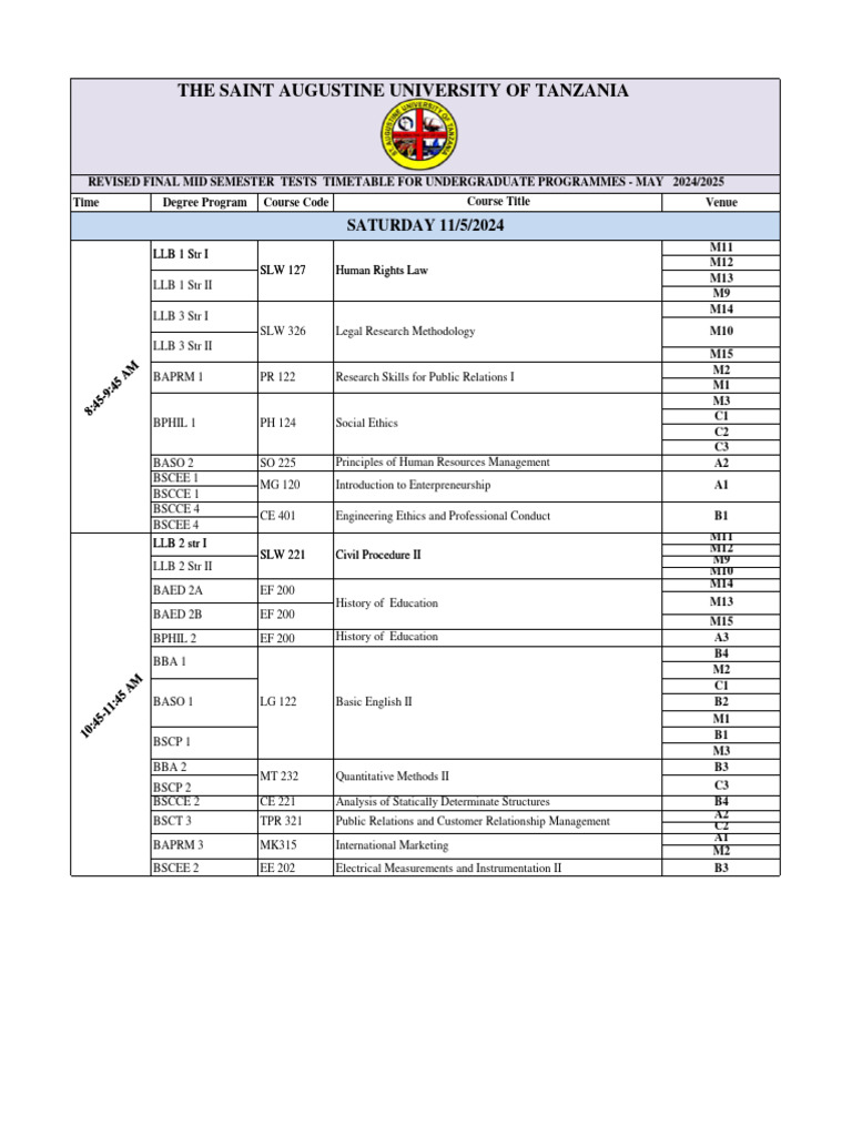 Revised Final Mid Semester Test May 2024 Students Timetable | PDF