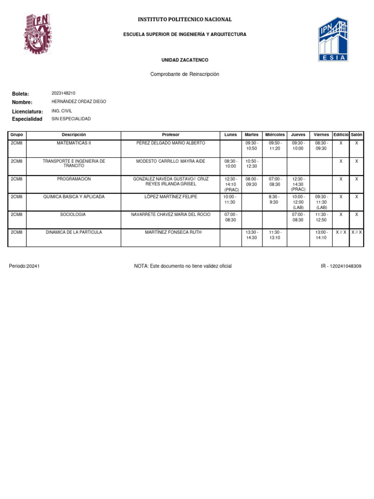 Horario Esia Zac | PDF