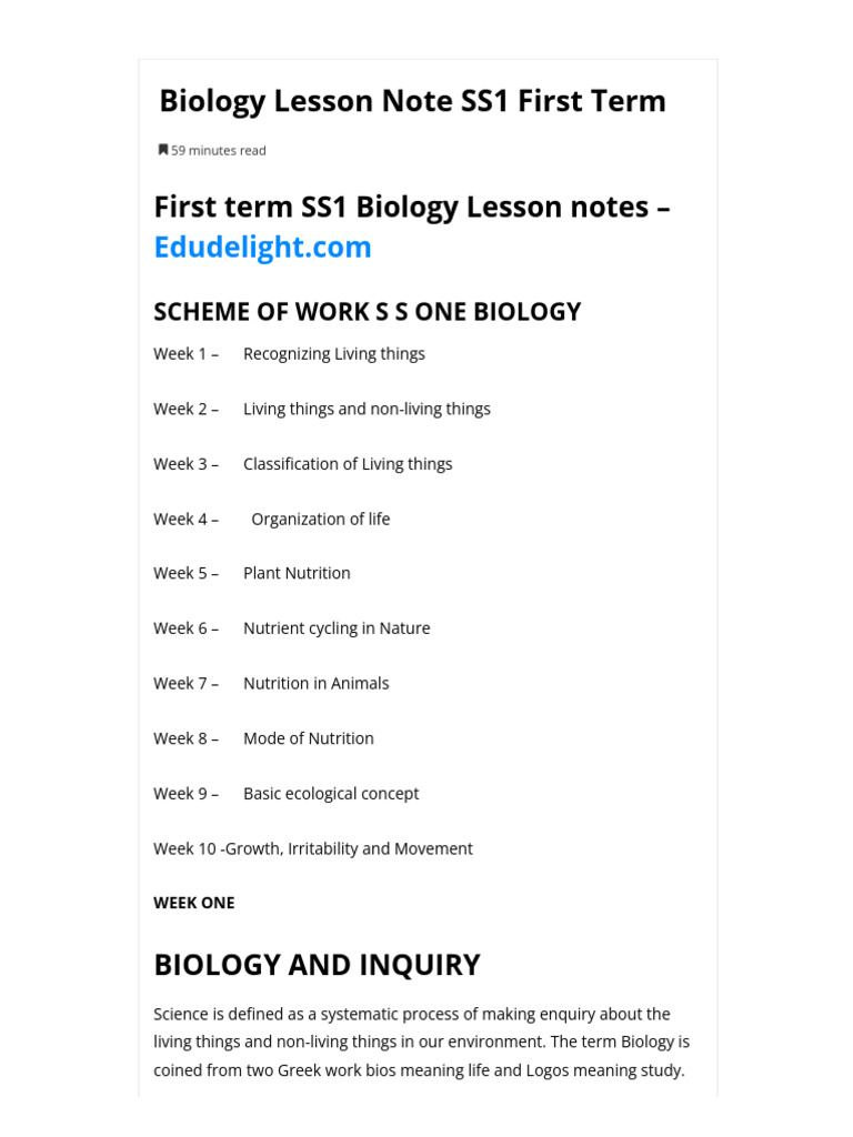 Biology Lesson Note SS1 First Term | PDF | Crop Rotation | Experiment