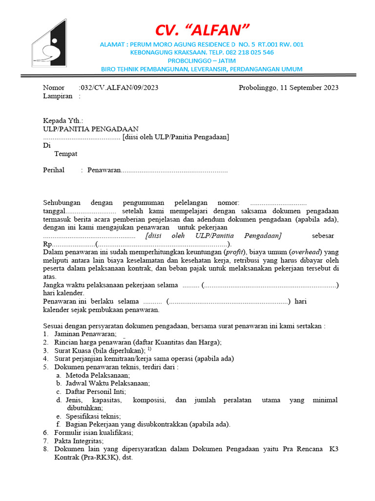 Surat Penawaran Lelang Umum | PDF