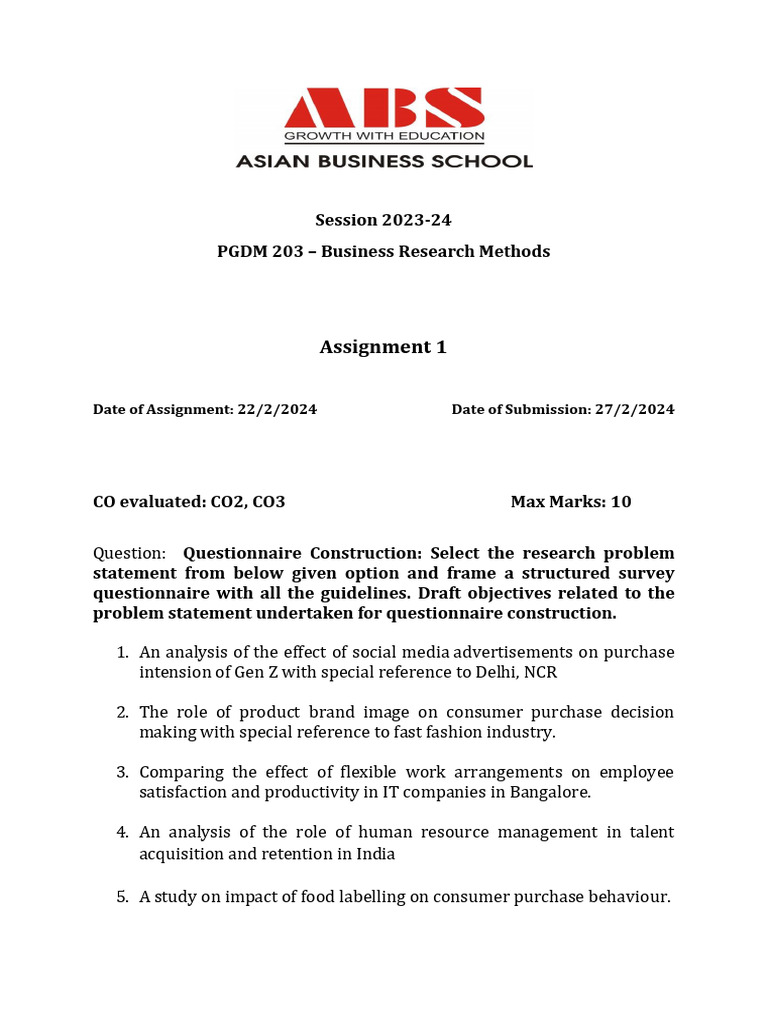 Assignment 1 - 203 BRM - PGDM SEM II | PDF | Business | Art