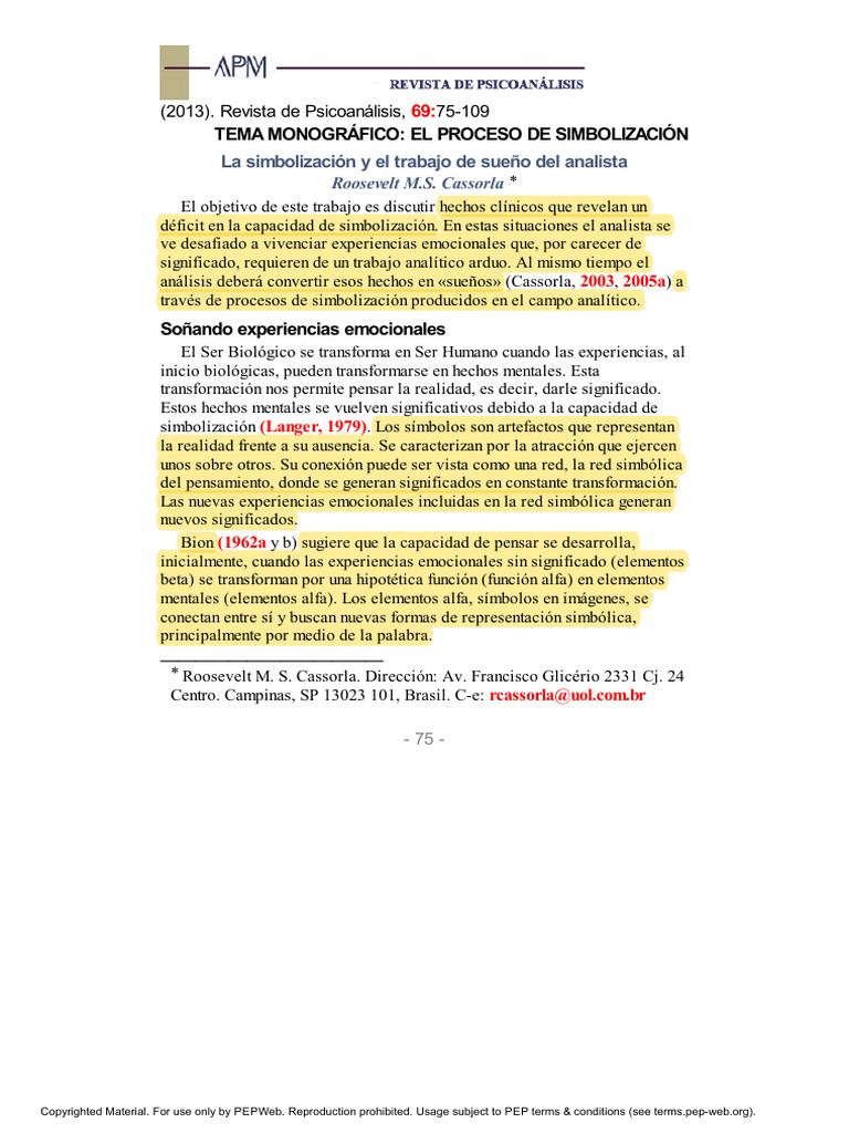 El Proceso de Simbolización. La Simbolización y El Trabajo de Sueño Del ...