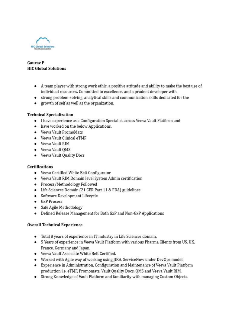 Gaurav P@8years Veeva Vault HIC Global Solution | PDF | Software ...
