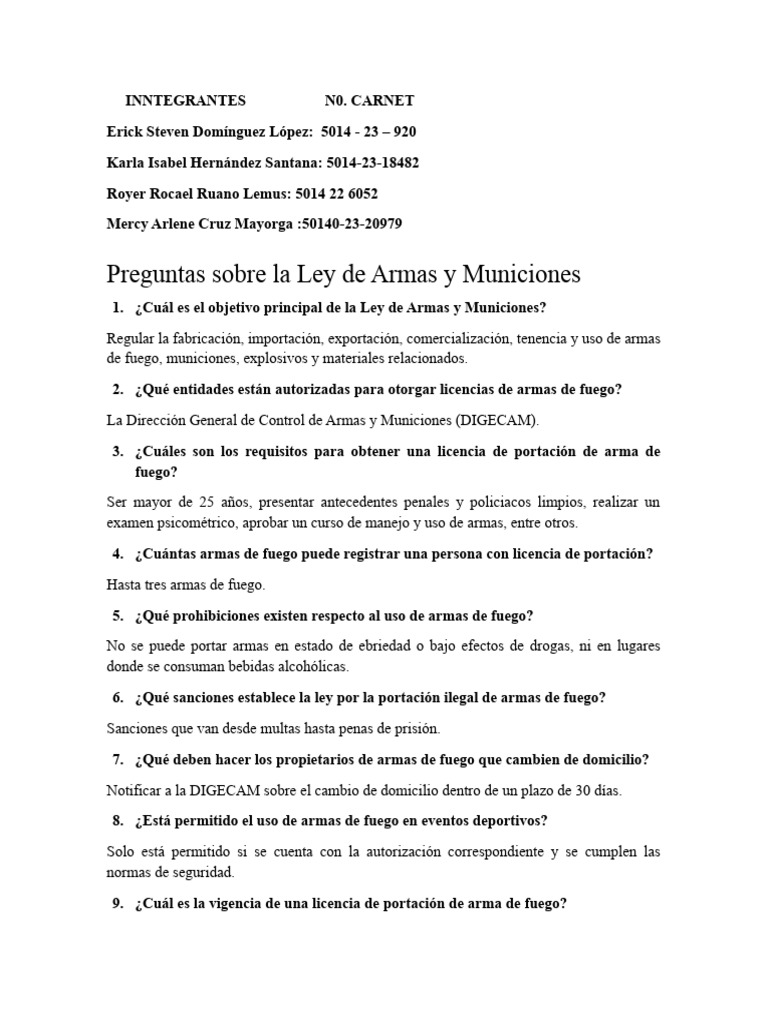 Preg Ley Armas Y Municiones Pdf Armas De Fuego