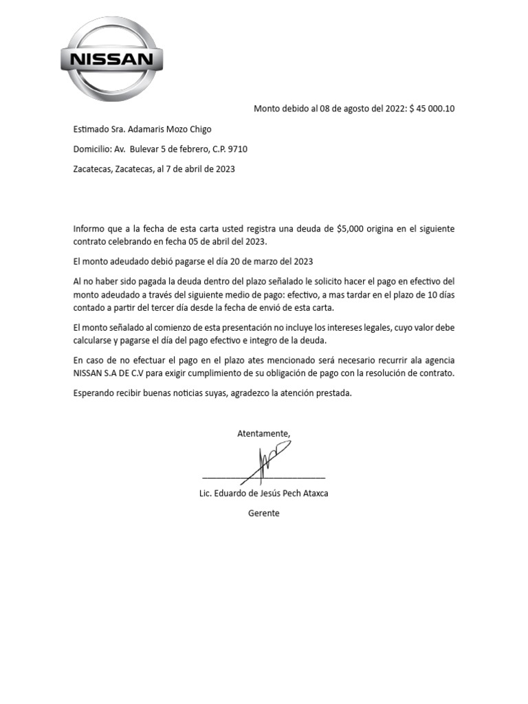 Carta de Cobranza de Nissan | PDF | Finanzas y dinero